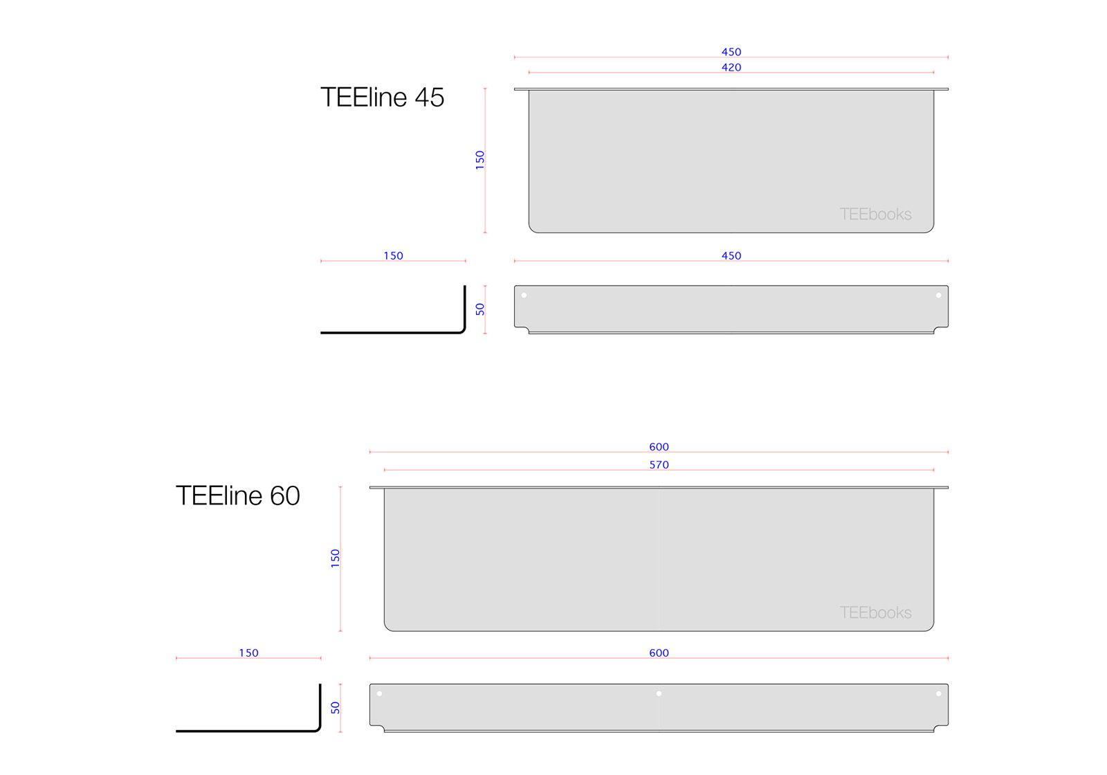Design wandplank - wit, onzichtbaar en van metaal 60 cm - Set van 2 - Staal